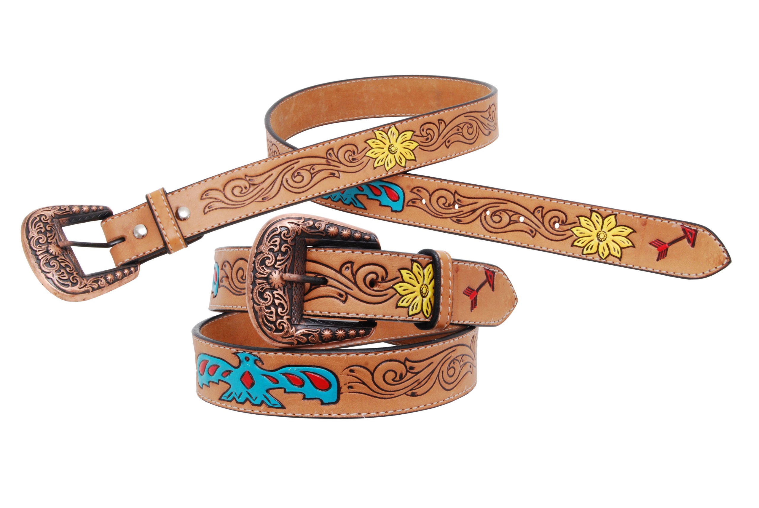 Rafter T Tooled & Painted Sunflower, Thunderbird, & Rafter T Arrow Bel ...