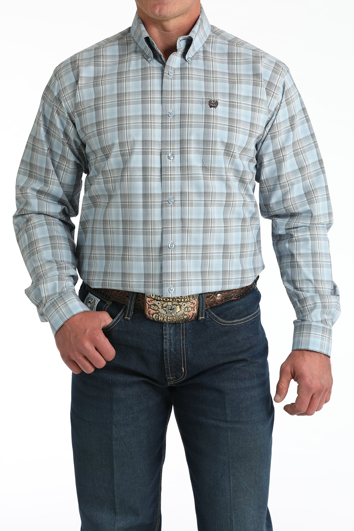 Cinch Men's Light Blue Plaid Button-Down Long Sleeve Shirt – R Bar B
